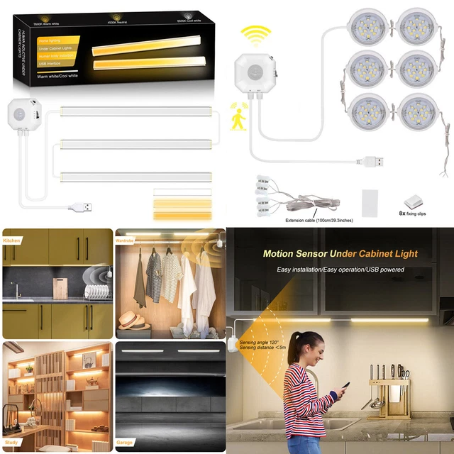 LED LIGHT STRIP Round PIR Motion Sensor Wireless Cabinet Closet Lamp ...