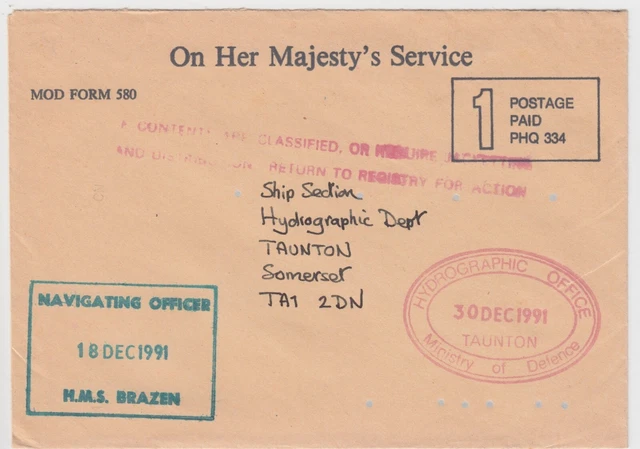 1991 ROYAL NAVY Frigate HMS Brazen Cover Classified Hydrographic Office ...