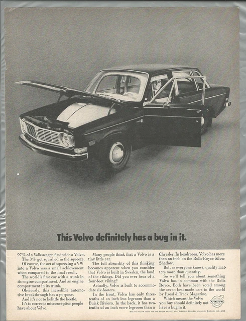 1968 VOLVO ADVERTISEMENT, Volvo with VW bug inside, print ad $11.49 ...
