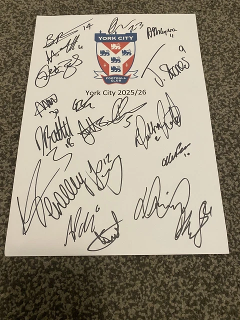 YORK CITY FOOTBALL Club 2025/26 Signed Sheet on A4 card by Male Boateng ...