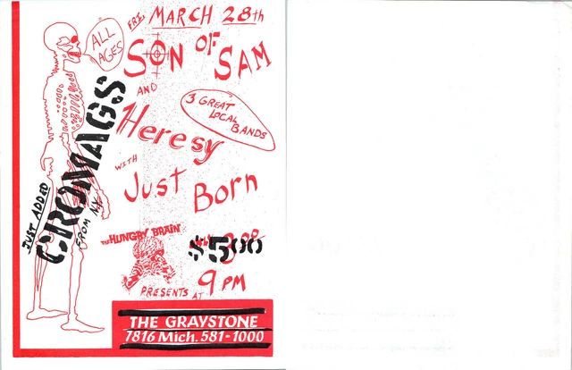 ORIGINAL PUNK FLYER 1980's Cromags + Son of Sam + Heresy + Just Born ...