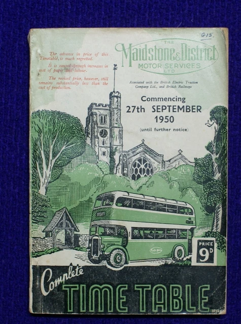 MAIDSTONE DISTRICT BUS COACH ROUTE MAP TIMETABLE 27th SEPT 1950 £30.00 ...