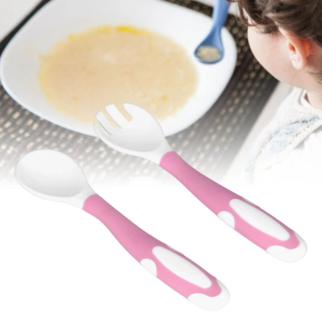 (PINK)BABY FORK SPOON Set Training Spoon Easy Grip Silicone Bendable ...