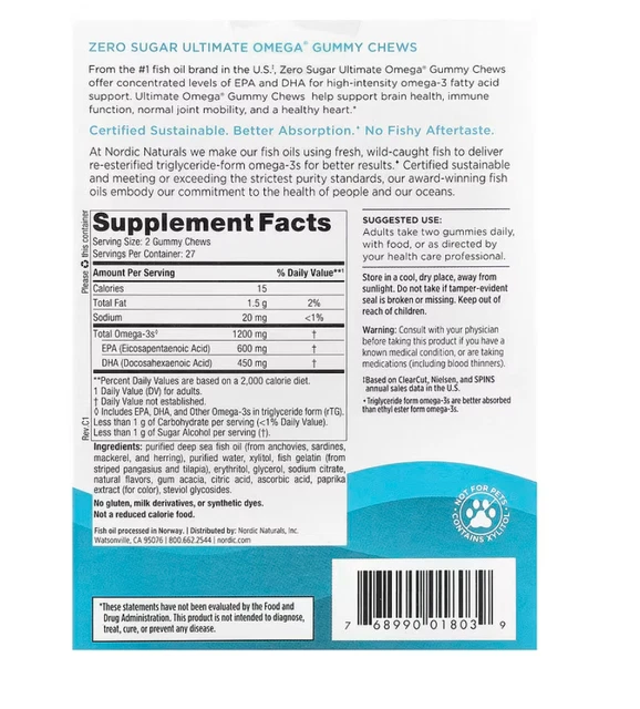 NORDIC NATURALS ULTIMATE Omega Zero Sugar Gummy Chews 54 Tropical Fruit ...