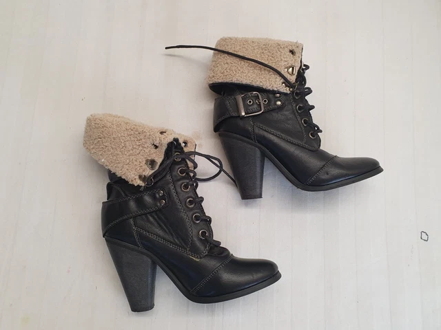 ZONE BOOTS LADIES Womens Size 4 EU 37 Black Ankle Cuffed Faux Leather ...