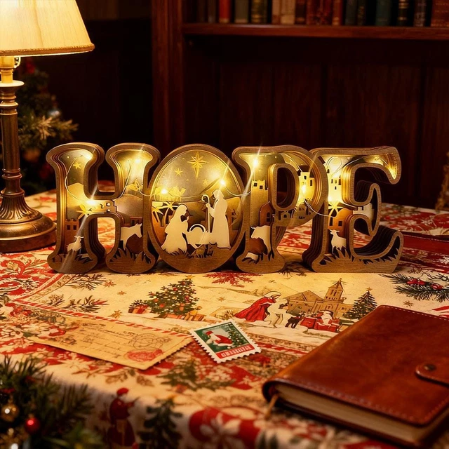 WOODEN NATIVITY CHRISTMAS Decorations, HOPE Nativity Scene With Lights ...