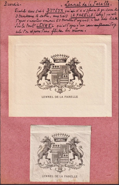LENNEL DE LA Farelle crest Ex-libris Wappen blason armorial bookplate ...
