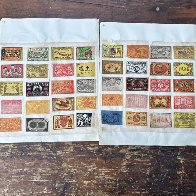 70 X ANTIQUE Matchbox Label Collection China Japan Singapore mounted ...