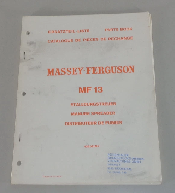 CATALOGUE DES PIÈCES Massey Ferguson Mf 13 Épandeur De 09/1970 EUR 33,53 - PicClick FR
