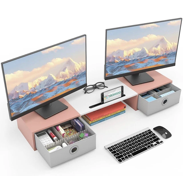 DUAL MONITOR STAND With 2 Drawers, Monitor Stands For 2 Monitors, White ...
