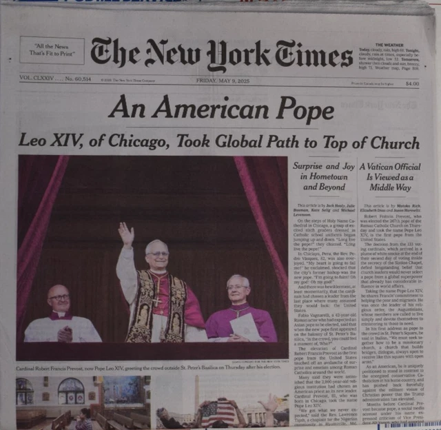 POPE LEO XIV First American Pope The New York Times 5/9/2025 🤑 $19.99 ...