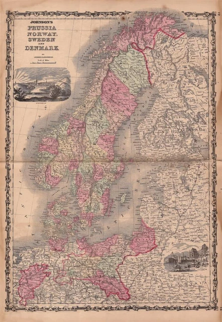 1860 JOHNSON'S FAMILY Atlas-Map Of Prussia, Norway, Sweden, & Denmark £ ...