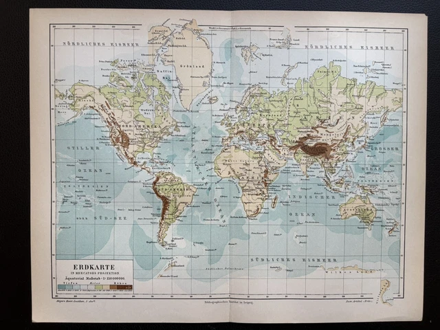 ANTIKE WELTKARTE LAND: Erdkarte um 1900 in Mercators Projektion EUR 8,99 - PicClick DE