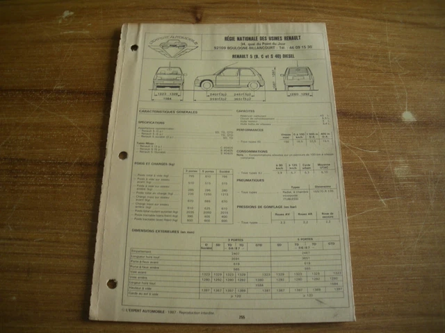 FICHE TECHNIQUE TRIPLE RENAULT SUPER 5 GT TURBO (B,C et S 40) DIESEL ...