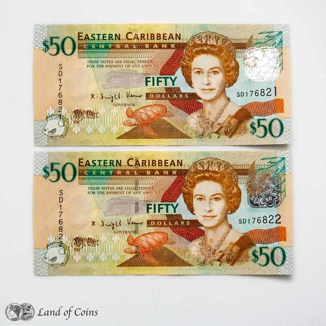 EAST CARIBBEAN: 2 x 50 East Caribbean Dollar Banknotes with Consecutive ...