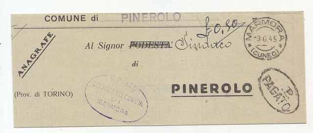 CC956-LUOGOTENENZA-PIEGO DE MARMORA (Cn) A Pinerolo 1945 Avec P.Bezahlt ...