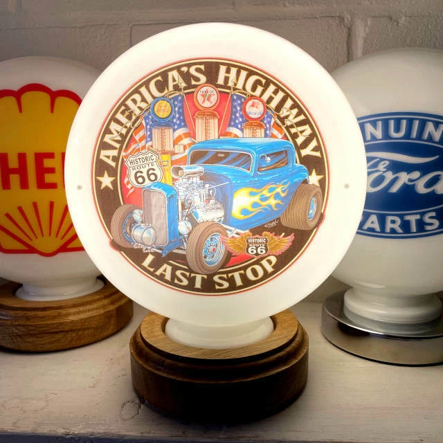 AMERICAS HIGHWAY ROUTE 66 Mini Gas Pump Globe Solid Oak Base LED Lamp ...