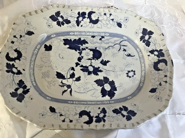 SMALL VICTORIAN IRONSTONE China Ashet Garden Platter Blue & White 53 ...