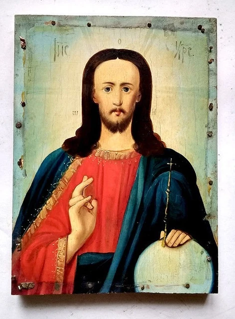 ANTIQUE ORTHODOX ICON Jesus Christ Russian Empire Hand Painted Board ...