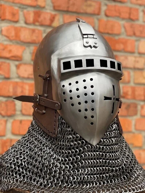 CASQUE MÉDIÉVAL EN acier Combat Bascinet Chainmail Casque Sca Larp ...