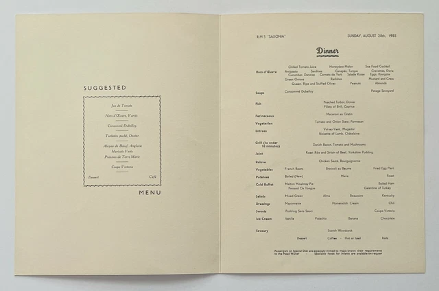 1955 CUNARD LINES RMS Saxonia Dinner Menu Vintage Steam Ship Cruise ...