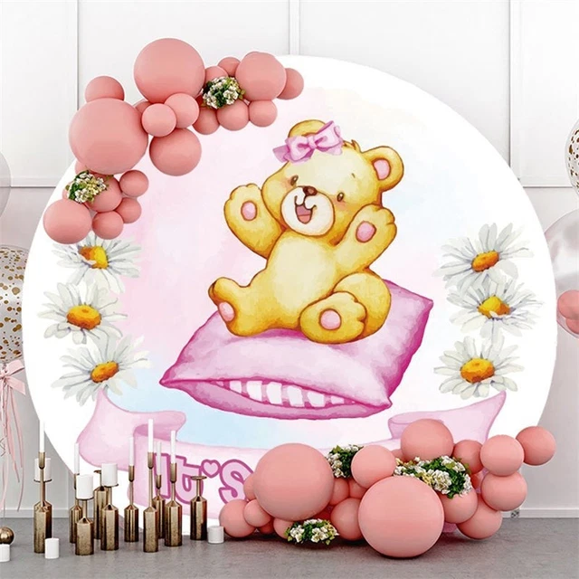 PINK ITS A Girl Bear And Pillow Round Baby Shower Backdrop $36.00 ...
