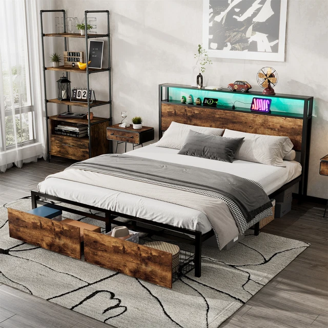 DOUBLE METAL BED Frame with LED, Charging Station, Storage Headboard ...