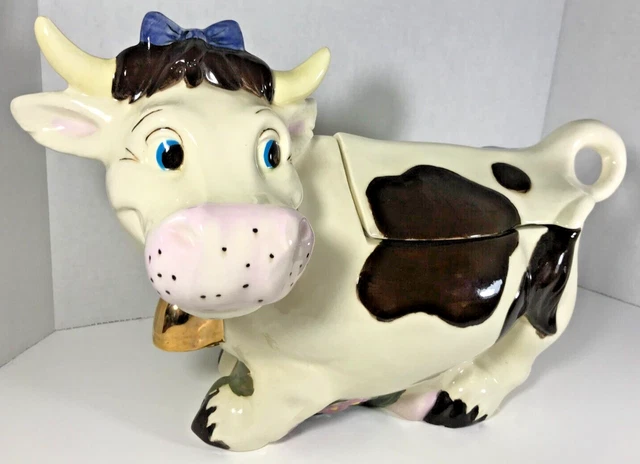 VINTAGE DAIRY COW Shaped Ceramic Cookie Jar Cartoon Style Bow Bell Back ...