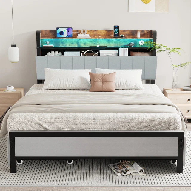 DOUBLE SIZE BED Frame Metal Bed Platform LED Lights Headboard & 4 ...