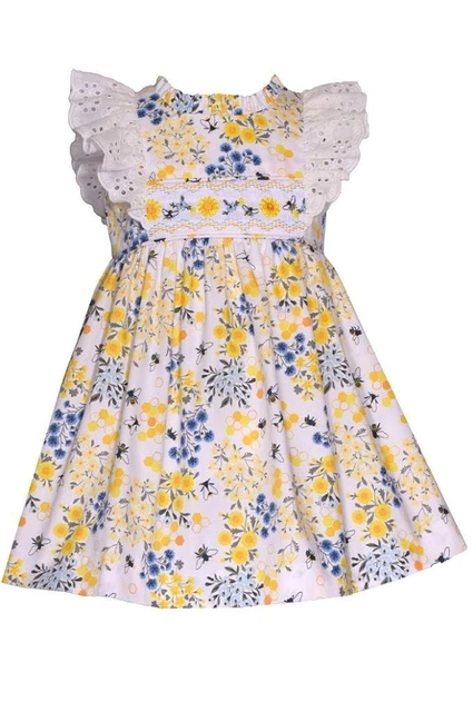 NEW BONNIE JEAN Girls Size 6X "YELLOW BLUE FLORAL"Bumble Bee Smocked ...