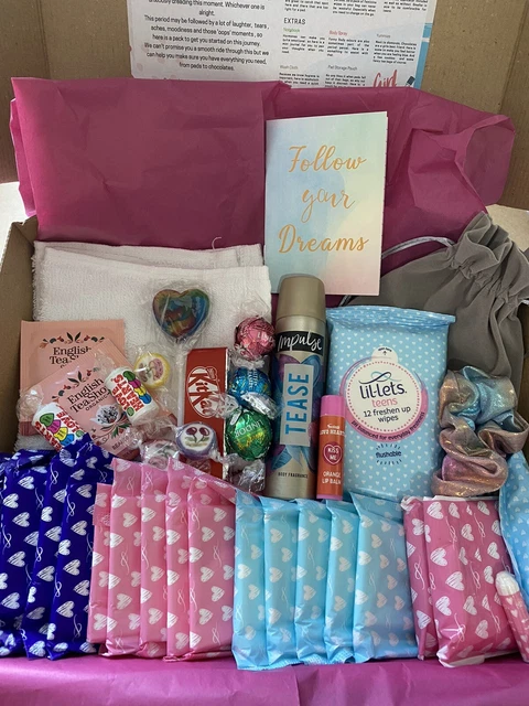 FIRST PERIOD KIT teens Sanitary Pads Towels menstrual survival Kit Box ...