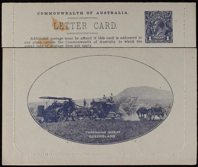 AUSTRALIA LETTERCARD 1914 KGV 1d die I, perf 12, Threshing Wheat ...