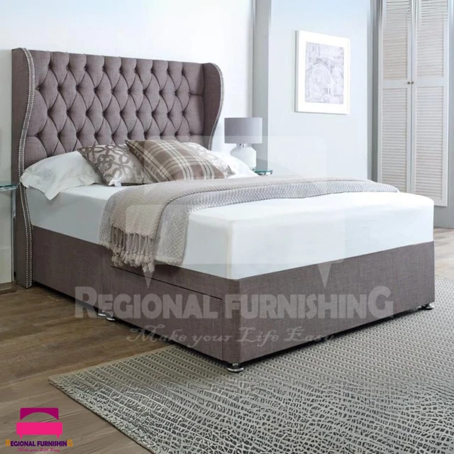 LUXURY PLUSH VELVET Winged Back Divan Bed Set 54"Chesterfield Headboard ...