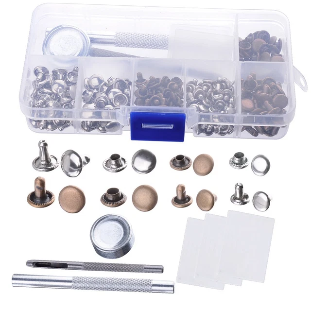 120 SET 6/8MM Double Cap Rivets Metal Fixing Tool Kit for Leather Craft ...