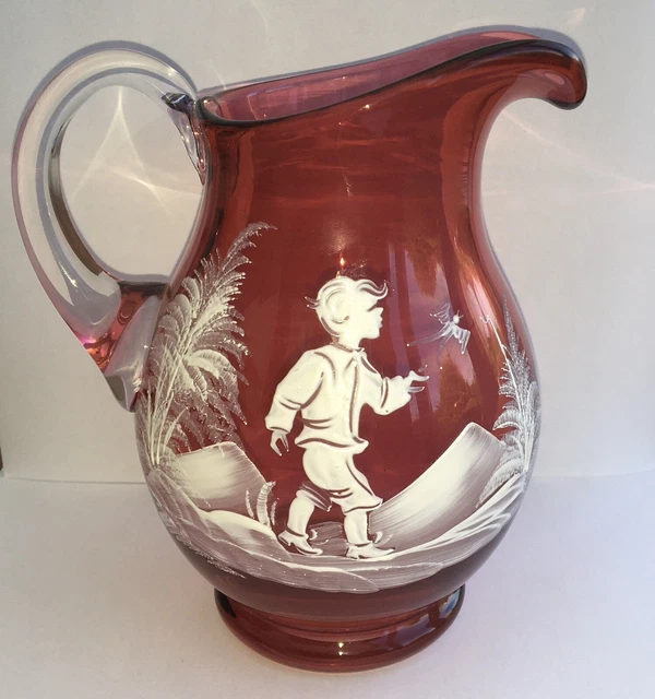 AN EARLY MARY Gregory Large Cranberry Glass Water Jug With Child ...