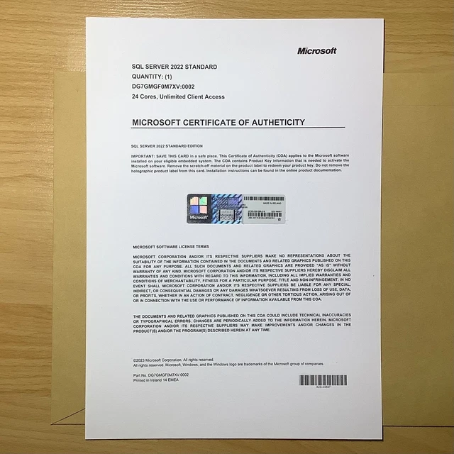 MICROSOFT SQL SERVER 2022 Standard RETAIL 24 Core unlimited CAL CoA $420.68 - PicClick CA