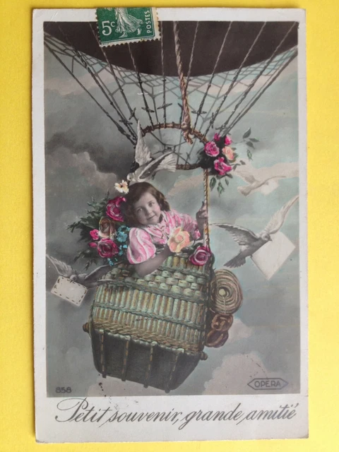 CPA FANTAISIE NACELLE Ballon MONTGOLFIERE Hot air Balloon JEUNE FILLE ...