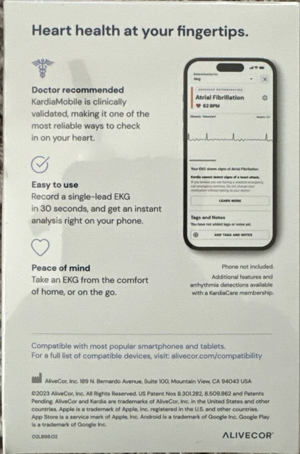 ALIVECOR KARDIAMOBILE PERSONAL EKG Monitor - AC-009-UA-C (Black) 1 Lead ...