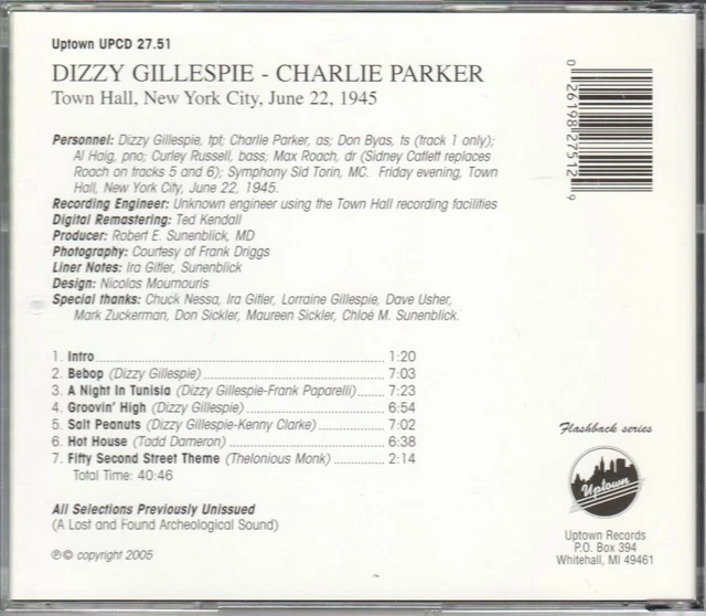 DIZZY GILLESPIE / Charlie Parker Town Hall New York City June 22, 1945 ...