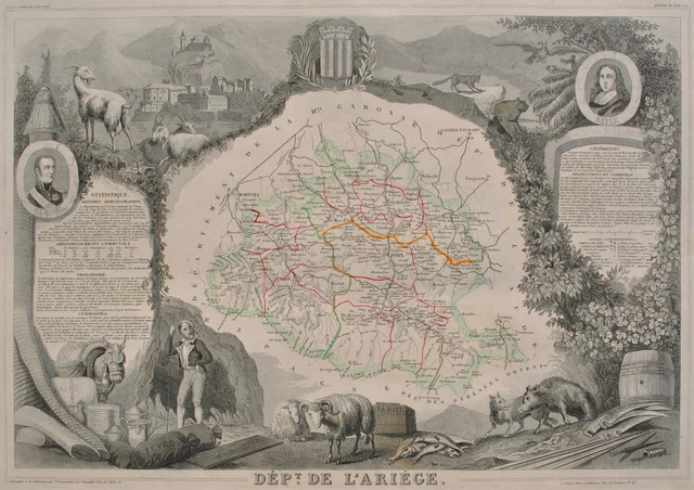 VICTOR LEVASSEUR: MAPA Antigua De Ariège+Límites,Grabado Original EUR ...