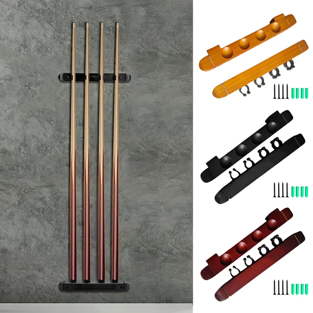 POOL CUE RACK 4 Cue Clips Hardwood Billiard Pool Cue Rack Wall-Mounted ...