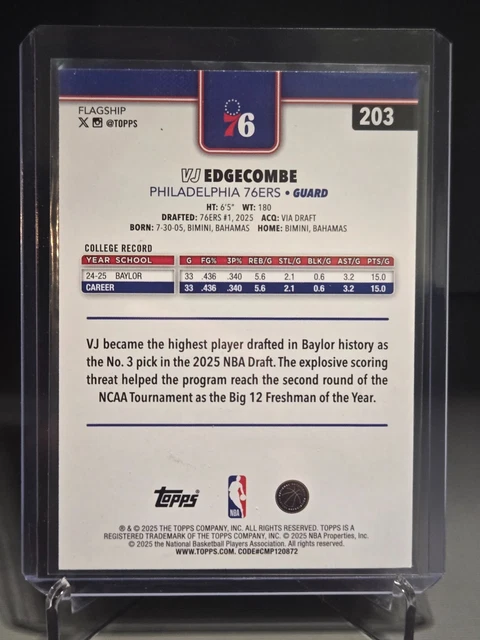 2025-26 TOPPS #203 VJ Edgecombe Sand Glitter Foil Rookie Card 76ers $36 ...