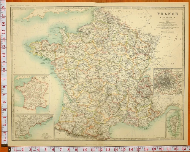 1891 LARGE ANTIQUE Map France Provinces Riviera Corsica Paris Environs ...