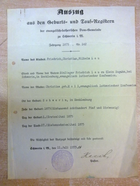 AUSZUG AUS DEM Geburt-Tauf Register der evangelischen Dom Gemeinde ...
