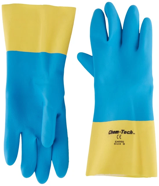12- CHEMICAL RESISTANT Blue Neoprene Yellow Latex Work Cleaning Gloves ...