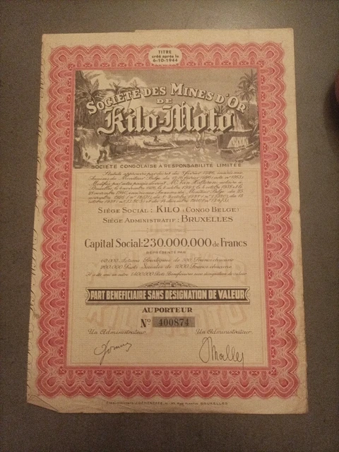 ANCIEN TITRE, ACTION : Société Des Mines D'or De Kilo-Moto, 1944 EUR 8 ...