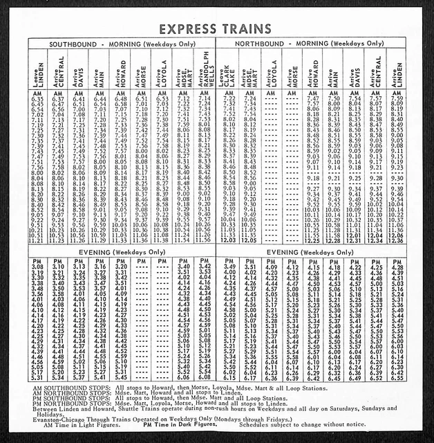 CHICAGO TRANSIT AUTHORITY CTA Evanston Express Service Schedule 1962 ...