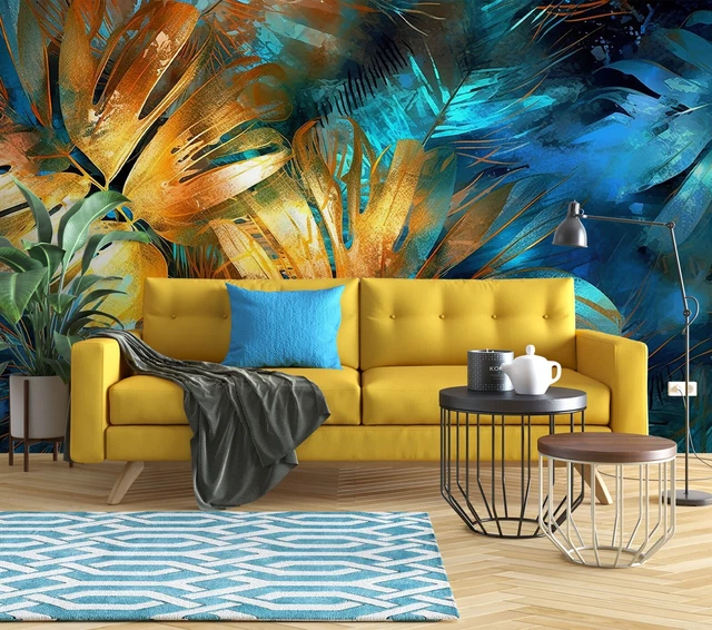 3D GOLDEN BLUE Leaves A891 Wallpaper Wall Murals Removable Self-adhesive Amy $39.99 - PicClick AU