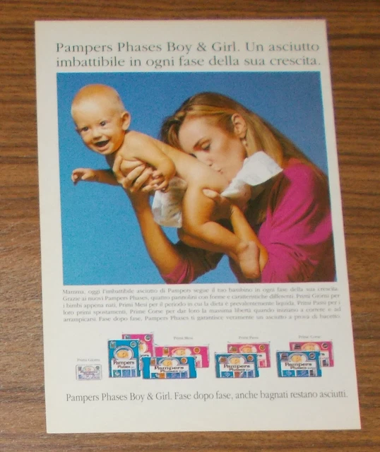 VINTAGE 1991 PAMPERS PHASES Boy & Girl diapers Print Ad advert Italian ...