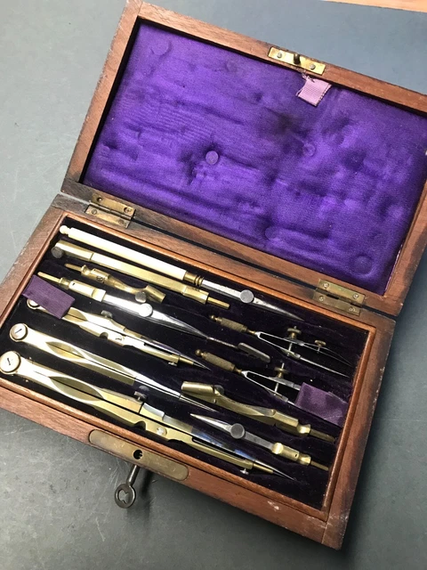 ANTIQUE TECHNICAL DRAWING INSTRUMENTS IN MAHOGANY BOX, pre 1900. FINE ...
